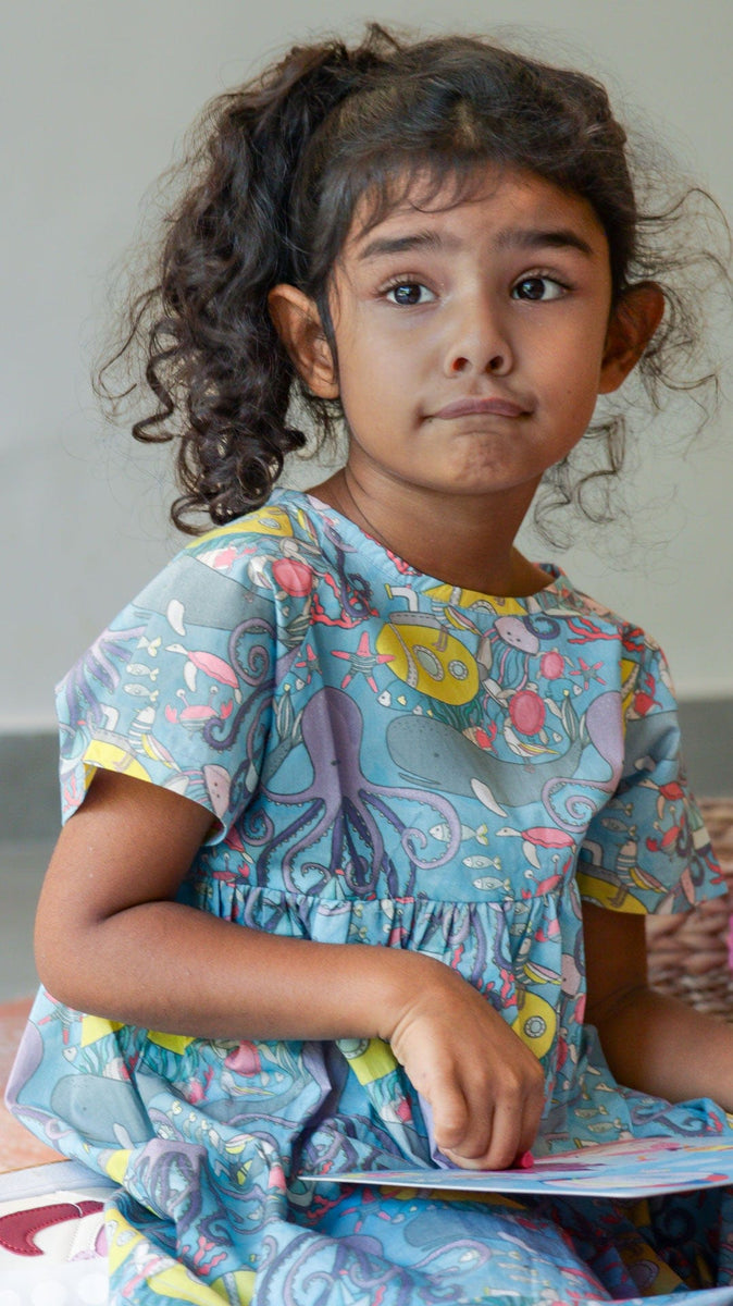 Light Blue marine life print cotton frock for girls | Siesta o'Clock